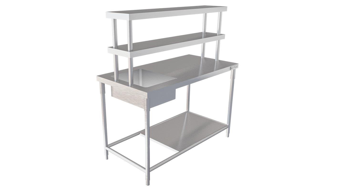 Mesa de trabajo con tarja en isla con repisa doble y piso – Gastrox